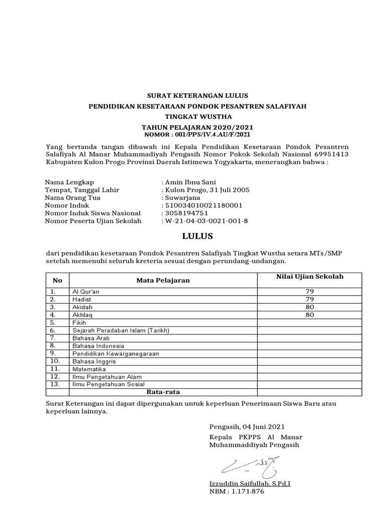 Surat Kelulusan Wustha | PDF