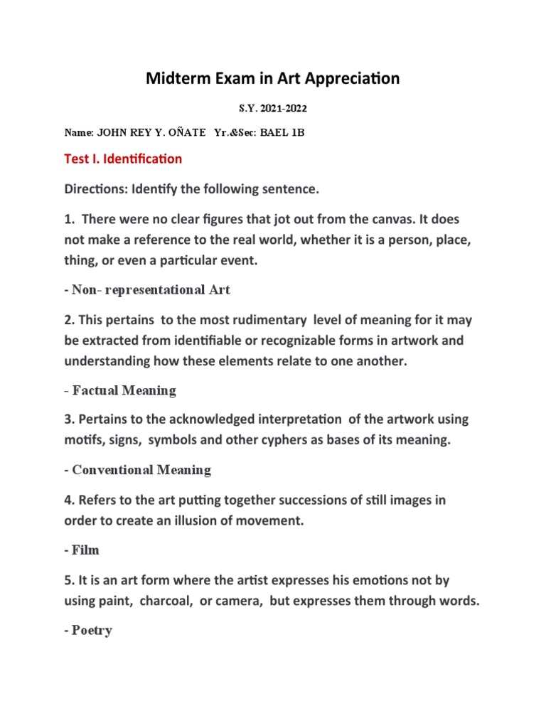 Midterm Exam in Art Appreciation: Test I. Identification | PDF | Reason ...