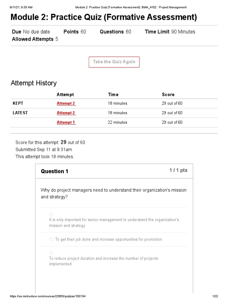 Module 2 - Practice Quiz (Formative Assessment) - BMA - 4102 - Project Management-Take2 | PDF ...
