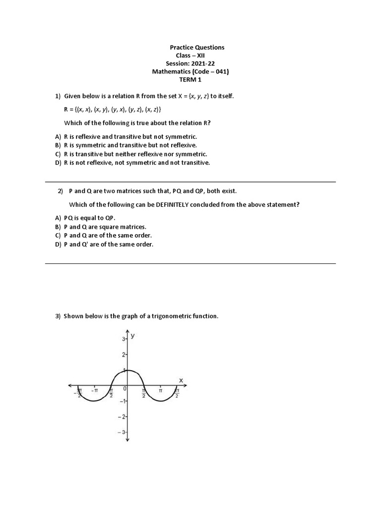 Practice Questions Class - XII Session: 2021-22 Mathematics (Code - 041) Term 1 | Download Free ...