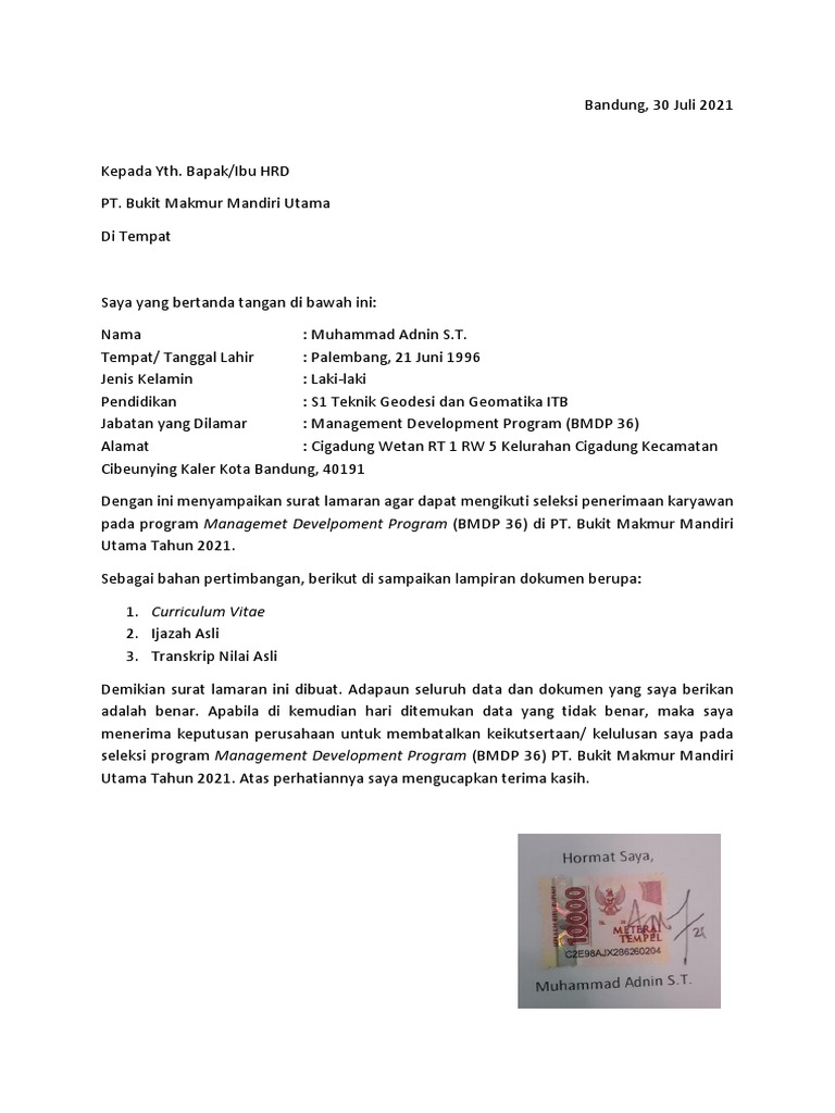 Surat Lamar PT BUMA-Muhammad Adnin | PDF