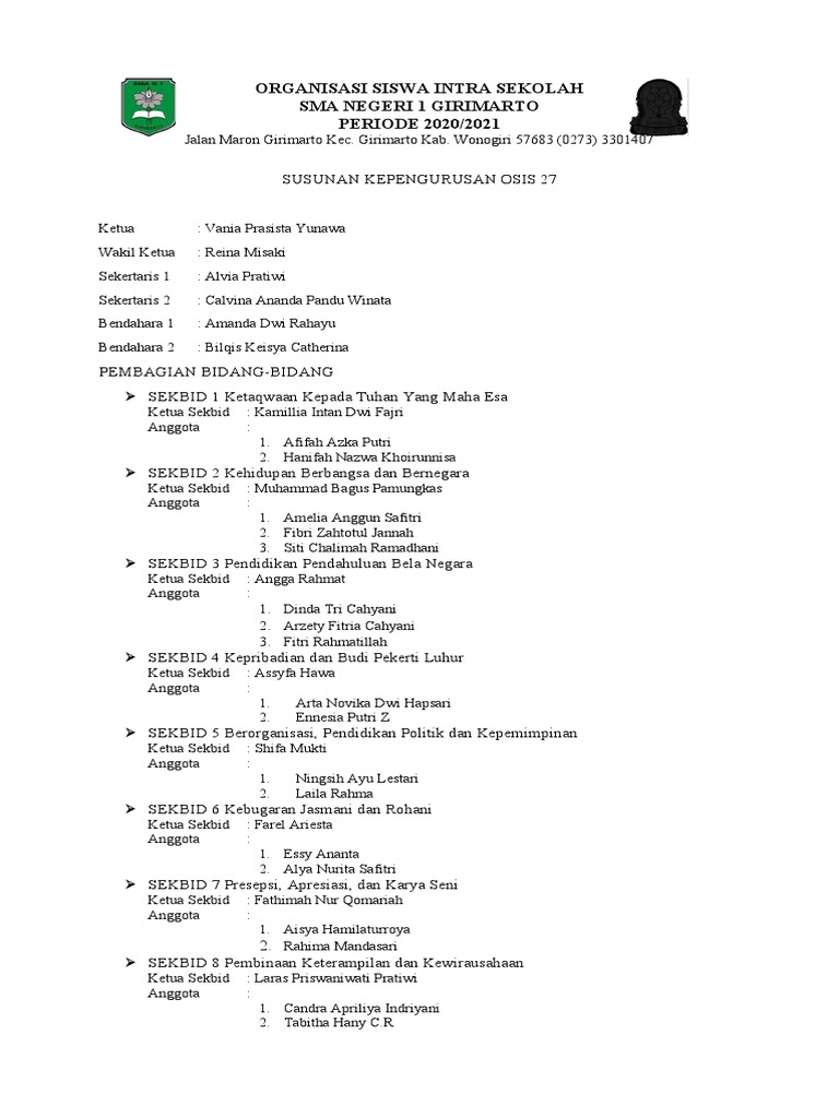 Susunan Kepengurusan OSIS 27 | PDF Susunan Kepengurusan OSIS 27 | PDF