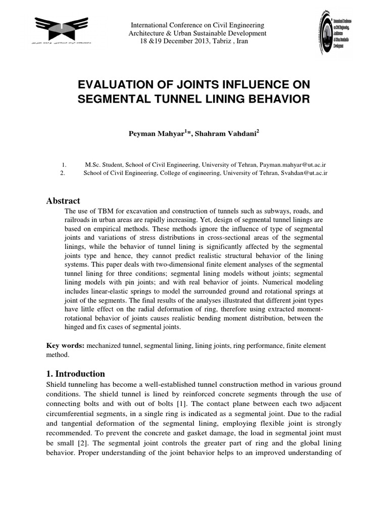 Evaluation of Joints Influence On Segmental Tunnel Lining Behavior | PDF | Bending | Stress ...