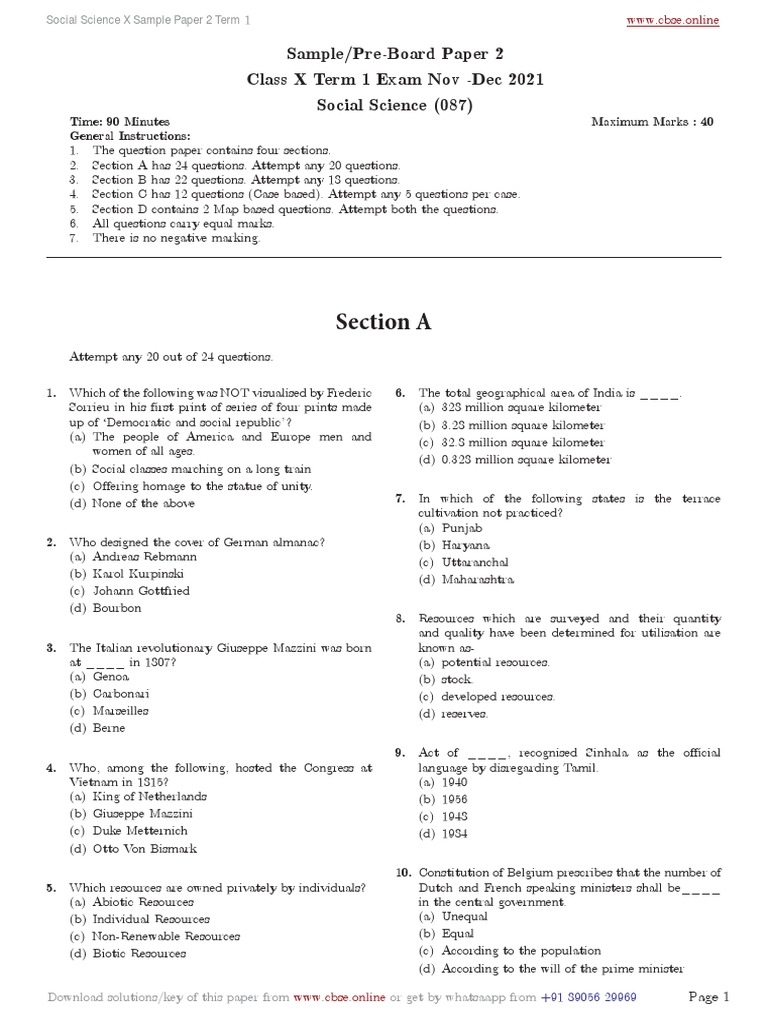 Section A: Sample/Pre-Board Paper 2 Class X Term 1 Exam Nov - Dec 2021 Social Science | PDF ...