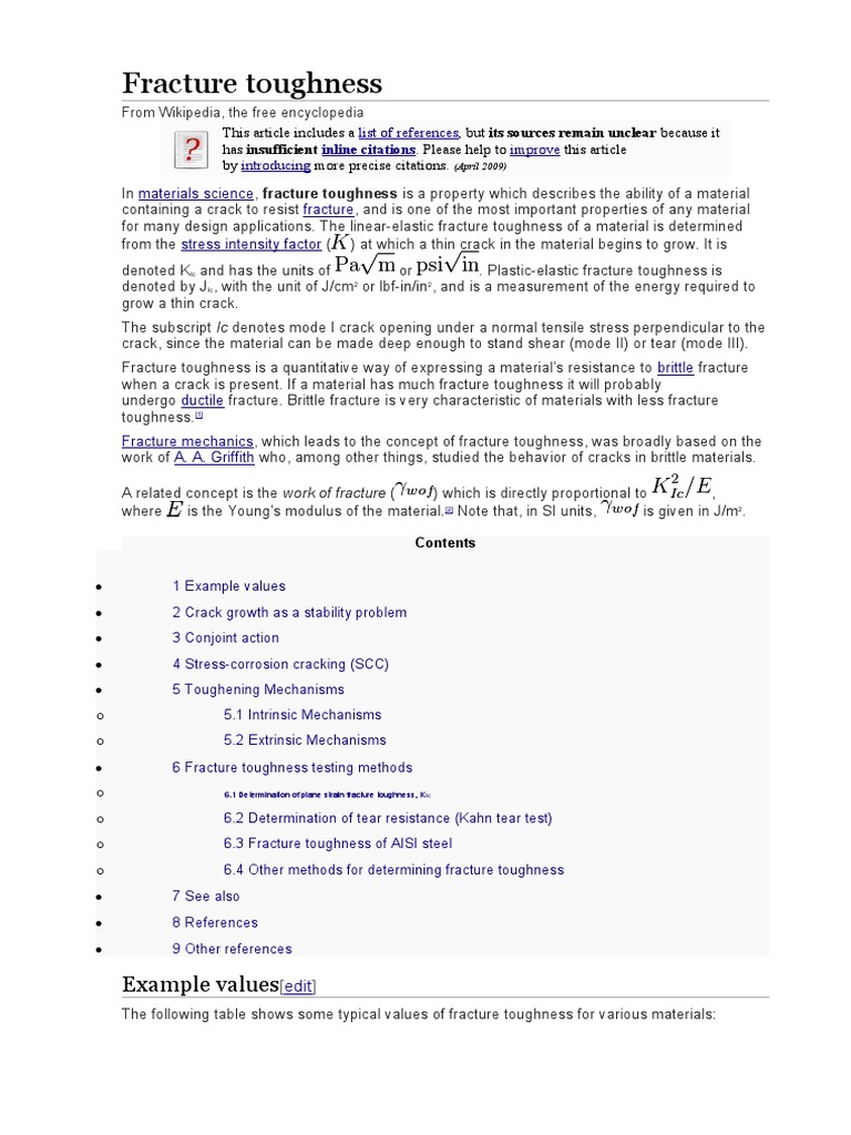 Fracture Toughness: Example Values | Download Free PDF | Fracture ...
