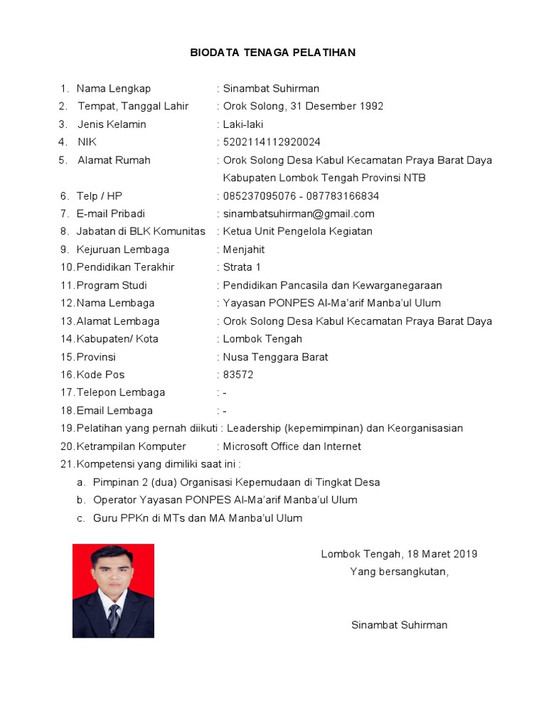 Form Biodata Tenaga Pelatihan Ponpes Al-Maarif Manbaul Ulum NTB | PDF