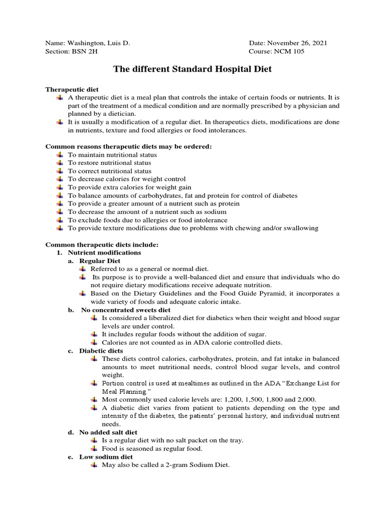 Overview of Standard Hospital Diets | PDF | Diet & Nutrition | Dietary ...