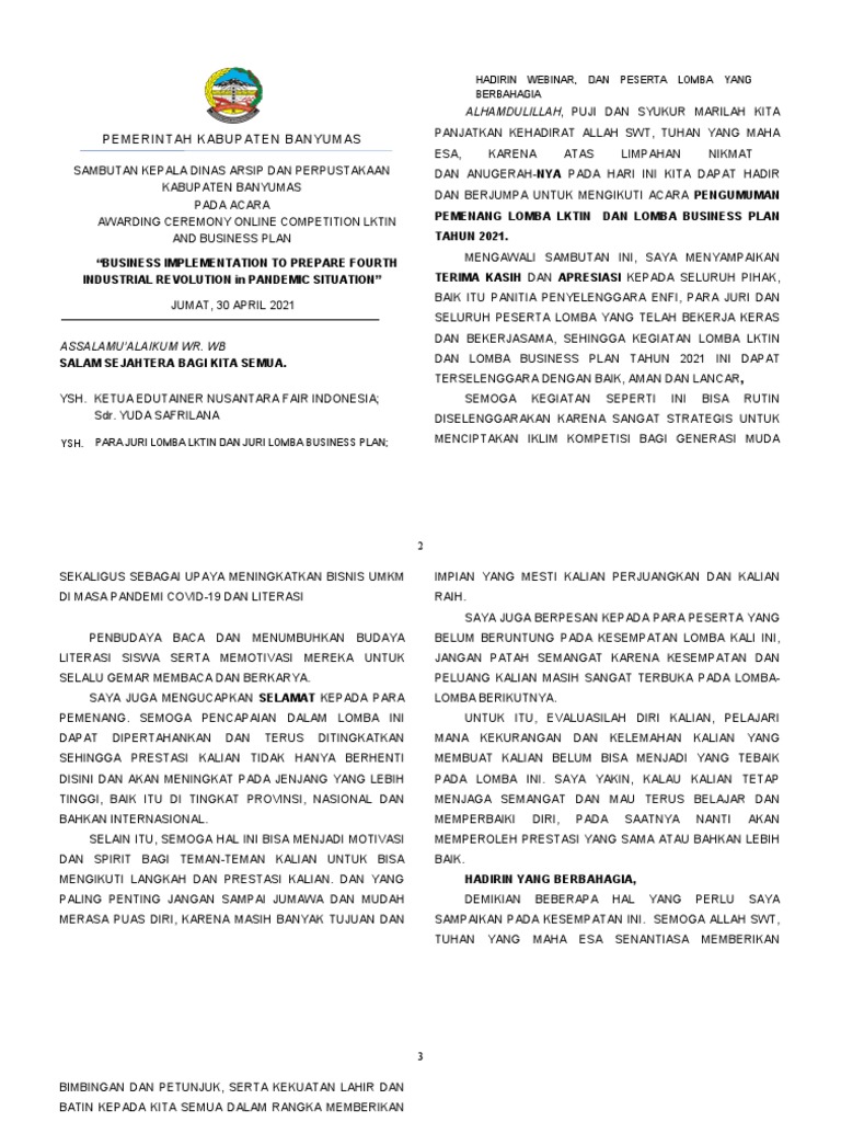 Sambutan Bunda Literasi Kabupaten Banyumas | PDF