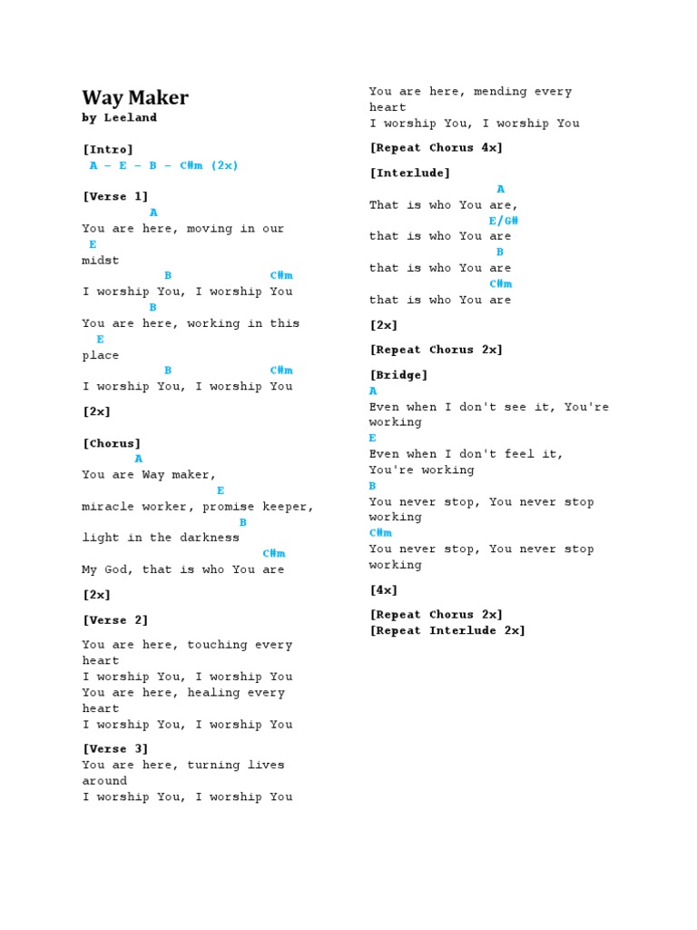 Way Maker: by Leeland (Intro) (Repeat Chorus 4x) (Interlude) | PDF ...