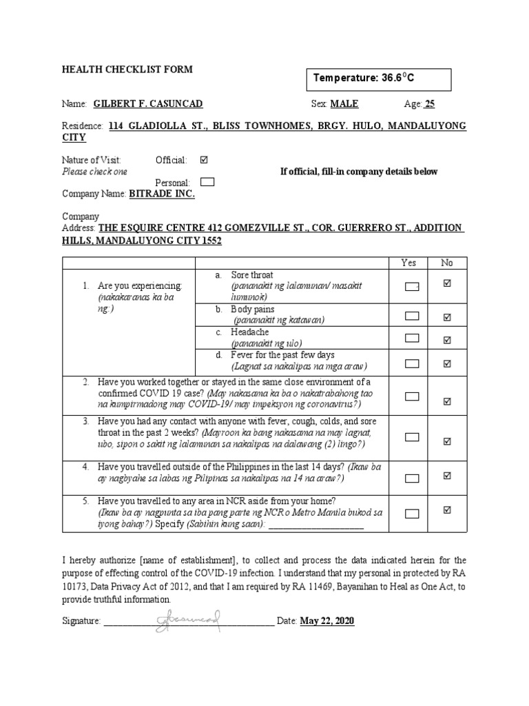 Dole's Daily Health Checklist Form | PDF | Health Sciences | Diseases ...
