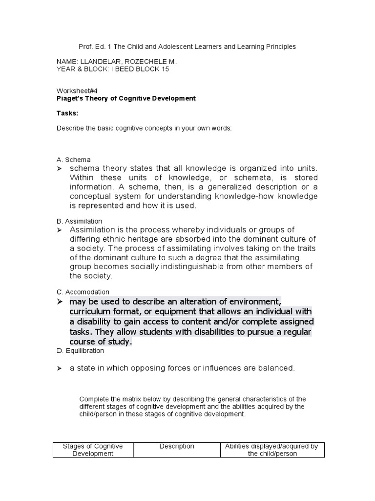 Piaget's Theory of Cognitive Development Tasks | PDF | Schema ...