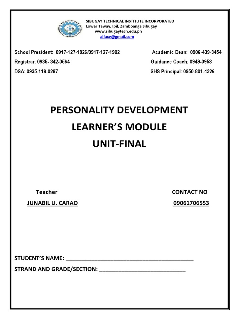 Personality Development Learner'S Module Unit-Final: Teacher Contact No ...