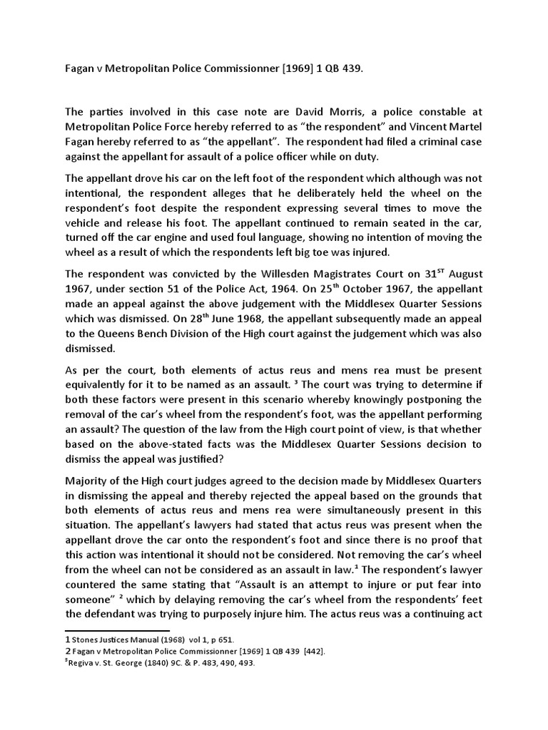 Fagan v MPC: Assault Case Analysis | PDF | Assault | Mens Rea