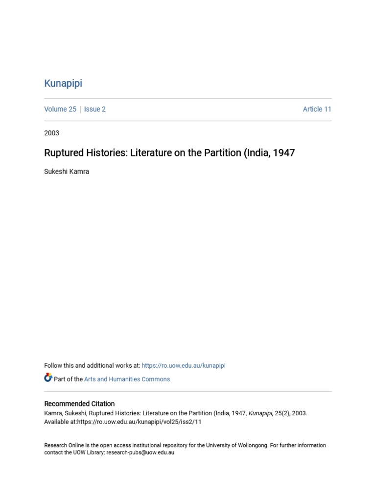 Ruptured Histories - Literature On The Partition (India 1947 | PDF ...