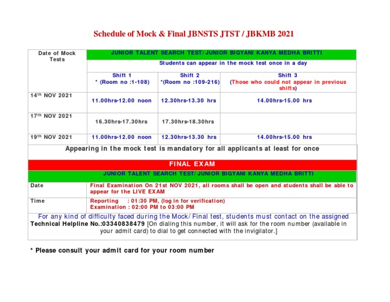 JBNSTS JTST/JKMB 2021 Mock & Final Exam Schedule | PDF