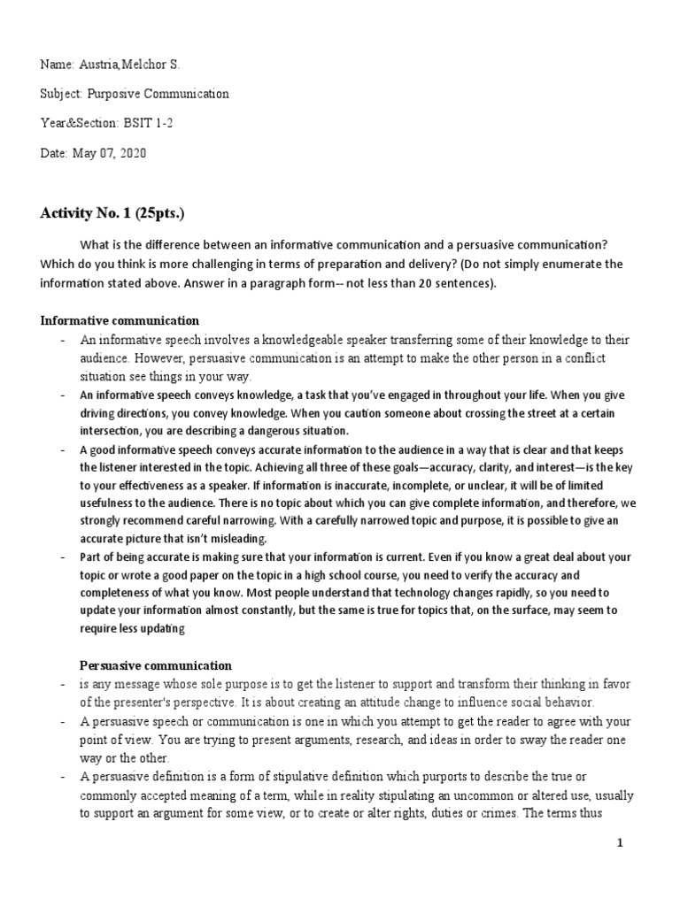 Activity No. 1 (25pts.) : Informative Communication | PDF | Persuasion ...