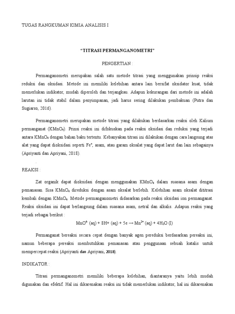 Tugas Kimia Analisis I Permanganometri | PDF | Sains & Matematika | Teknologi & Rekayasa
