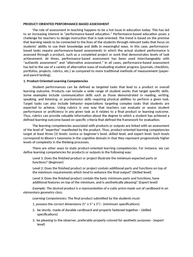 Product-Oriented Performance-Based Assessment | PDF | Educational ...