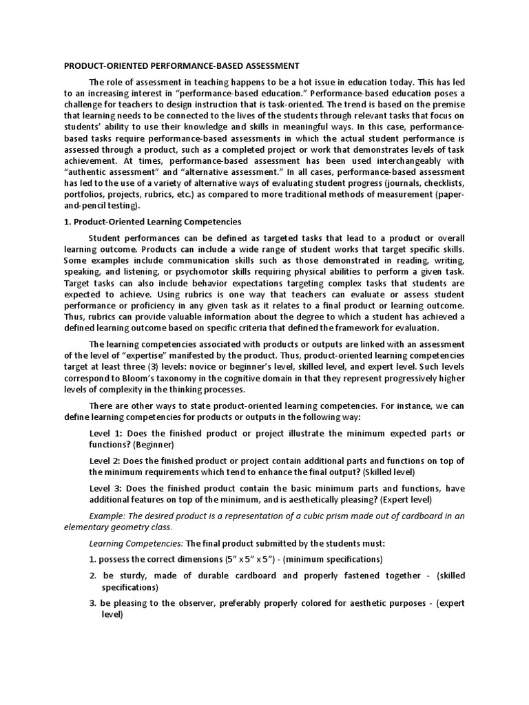 Product-Oriented Performance-Based Assessment | PDF | Educational Assessment | Rubric (Academic)