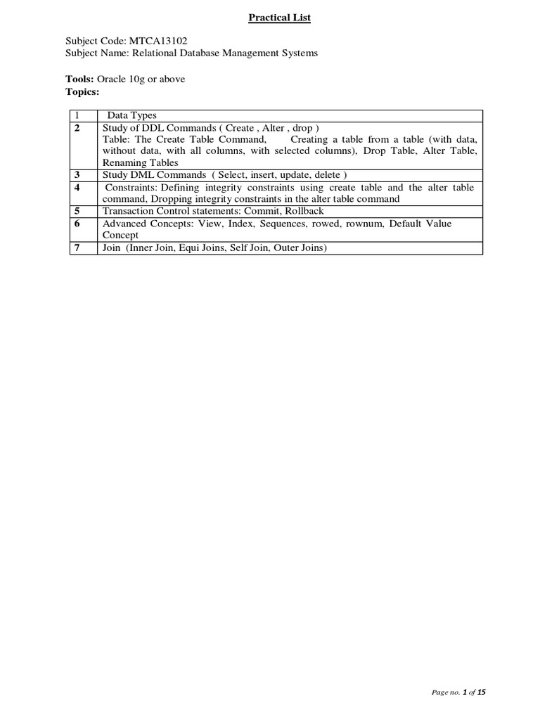 MTCA13102 RDBMS PracticalList | PDF | Relational Database | Information Technology