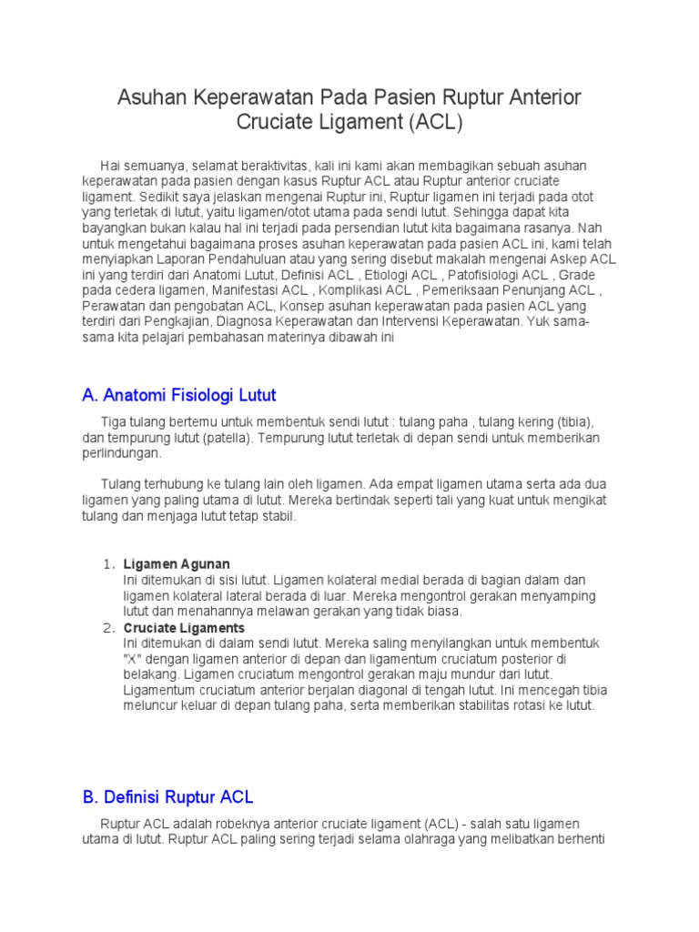 Asuhan Keperawatan Ruptur ACL | PDF | Sains & Matematika