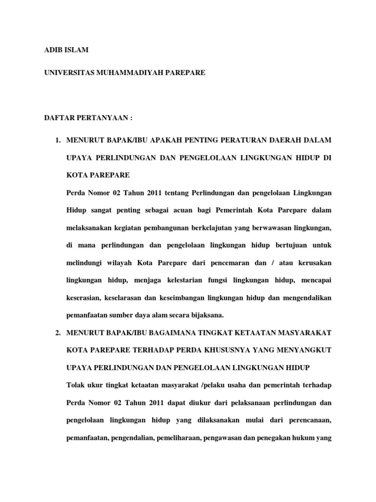 Perda Parepare: Lingkungan & Sampah | PDF