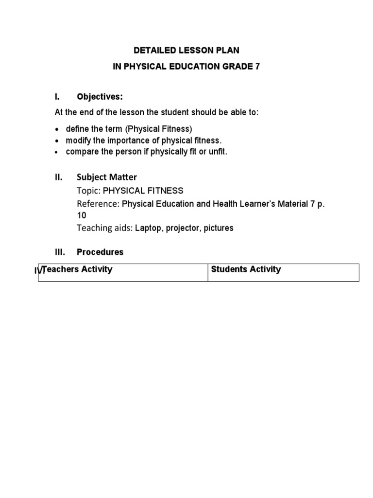 Lesson Plan Garde 7 | PDF | Physical Fitness | Physical Education
