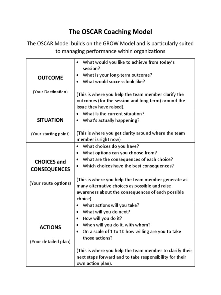 The OSCAR Coaching Model | PDF | Cognition | Psychological Concepts