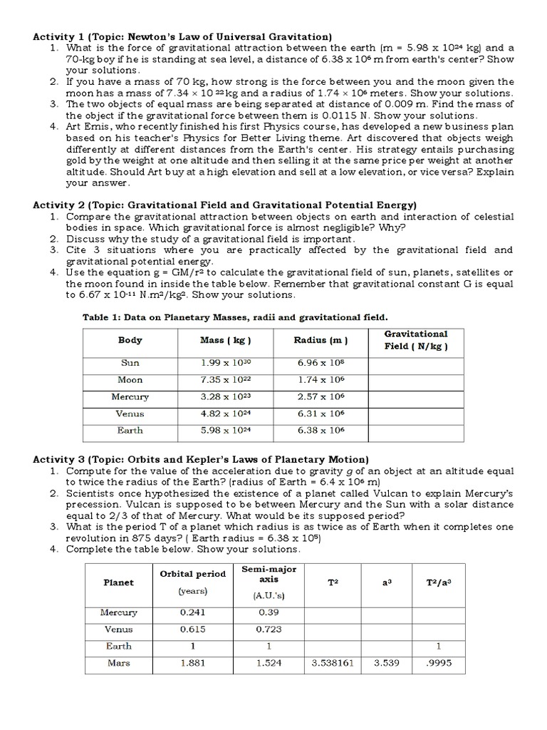 Activity 1 (Topic: Newton's Law of Universal Gravitation) | PDF ...