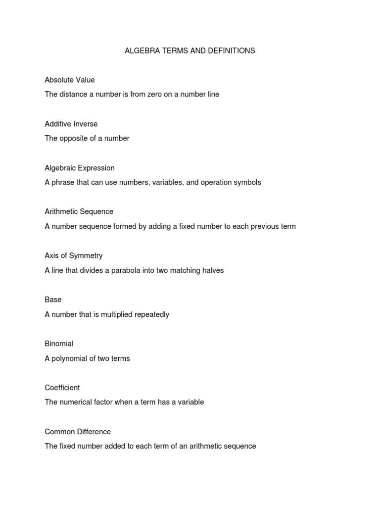 Algebra Terms and Definitions | PDF | Numbers | Factorization