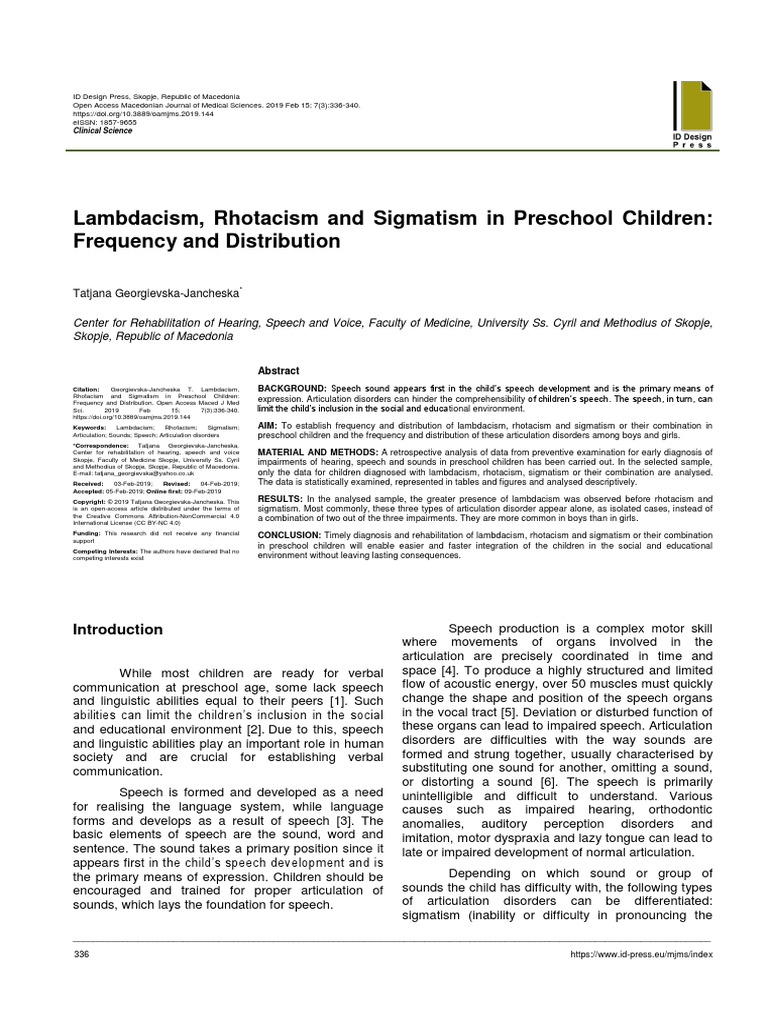 Lambdacism, Rhotacism and Sigmatism in Preschool Children: Frequency ...