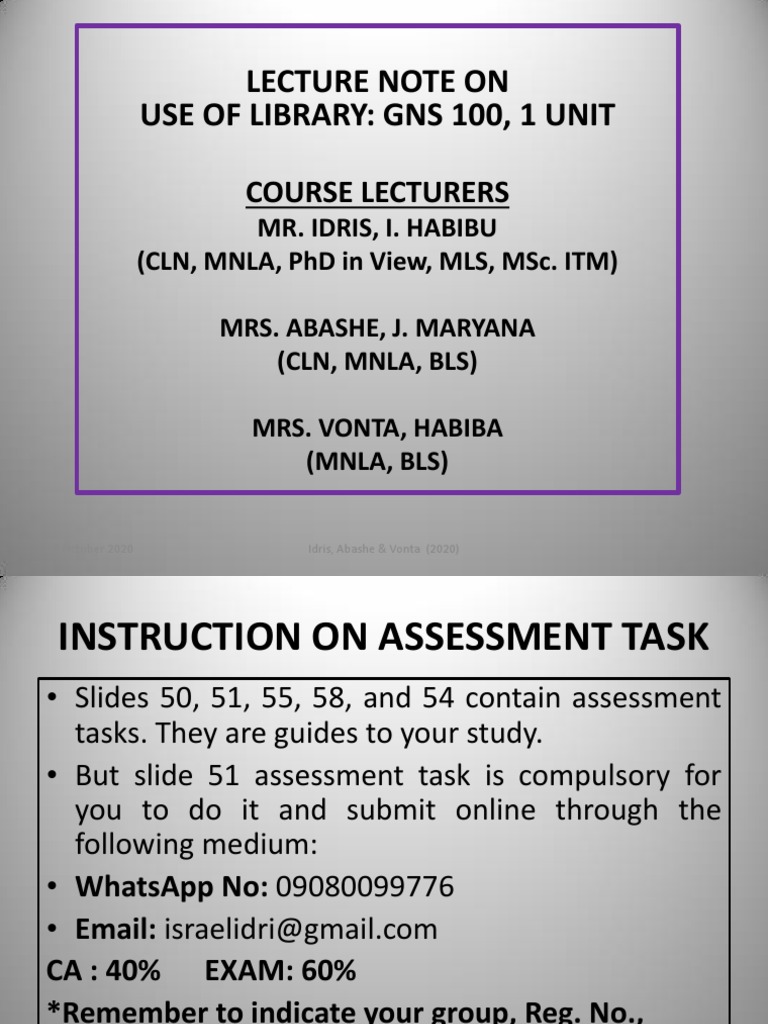 Lecture Note On Use of Library: Gns 100, 1 Unit: Course Lecturers | PDF ...