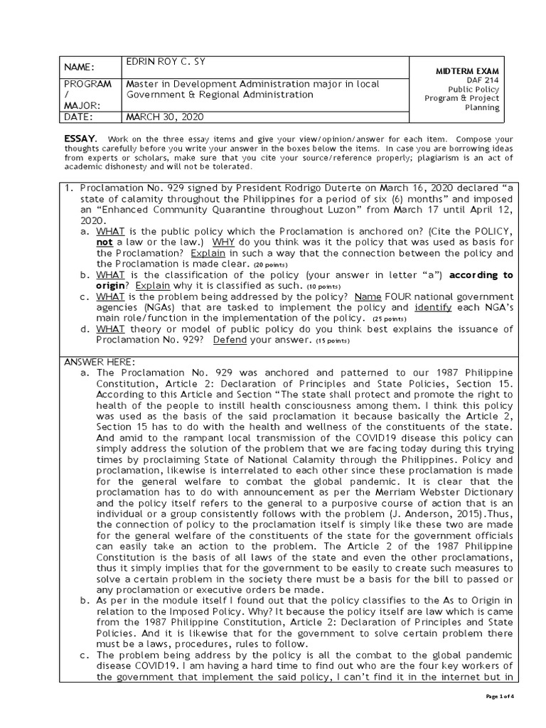 SY - DAF 214 Midterm Exam - 2nd Sem., AY 2019-2020 | PDF | Welfare | Employment