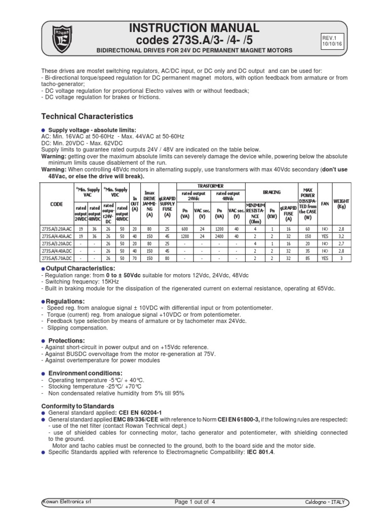 Instruction Manual Codes 273S.A/3-/4 - /5: Technical Characteristics ...