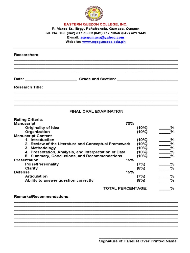 Rating Criteria Final Oral Defense | PDF | Cognition