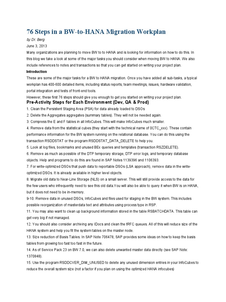 76 Steps in A BW-to-HANA Migration | Download Free PDF | Databases | Data