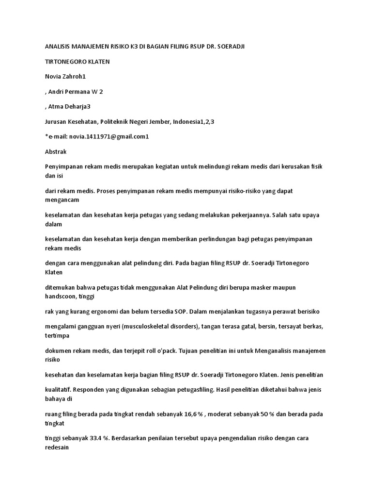 Analisis Manajemen Risiko K3 Di Bagian Filing Rsup DR | PDF ...