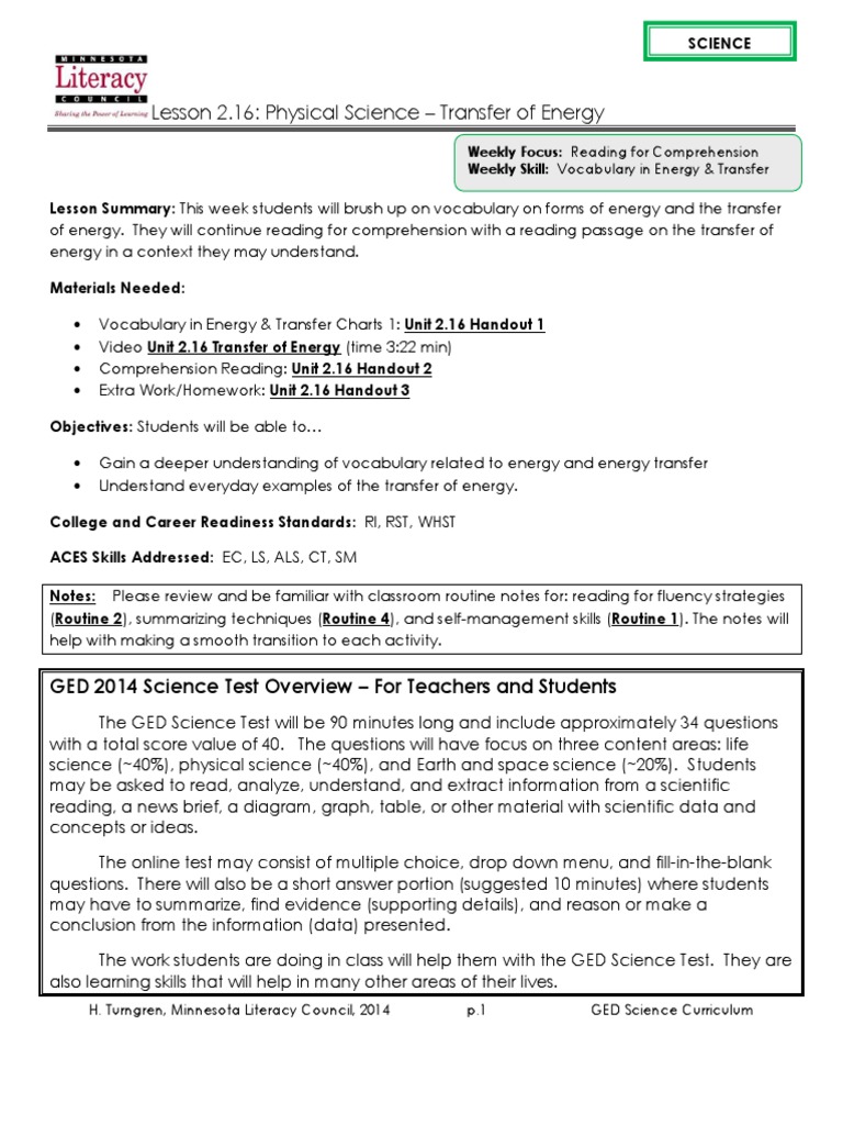 Lesson 2.16: Physical Science - Transfer of Energy: GED 2014 Science ...