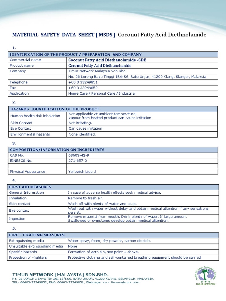 Material Safety Data Sheet (MSDS) : Coconut Fatty Acid Diethnolamide ...