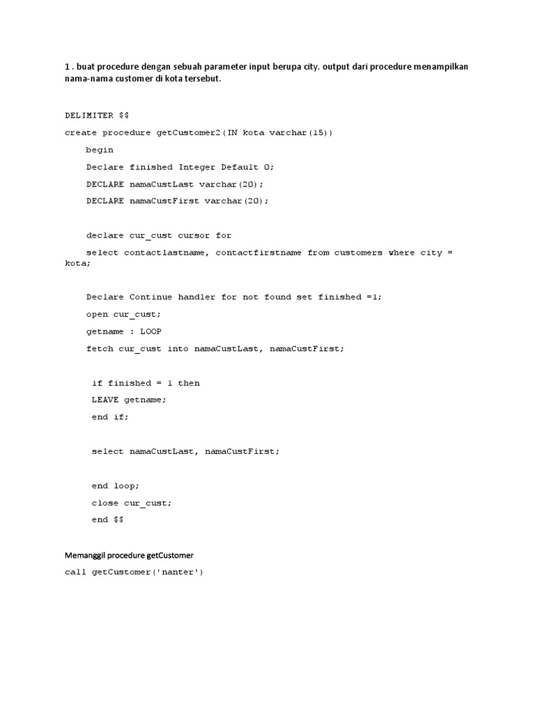 1 - Buat Procedure Dengan Sebuah Parameter Input Berupa City. Output Dari Procedure Menampilkan ...