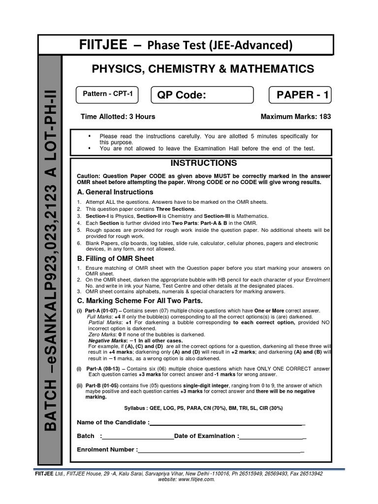 Fiitjee - Phase Test (JEE-Advanced) : Physics, Chemistry & Mathematics ...