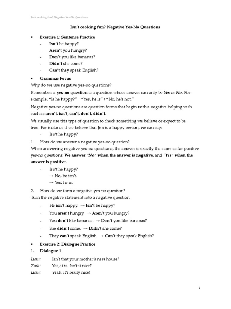 Negative Yes-No Questions | PDF | Question | Language Mechanics
