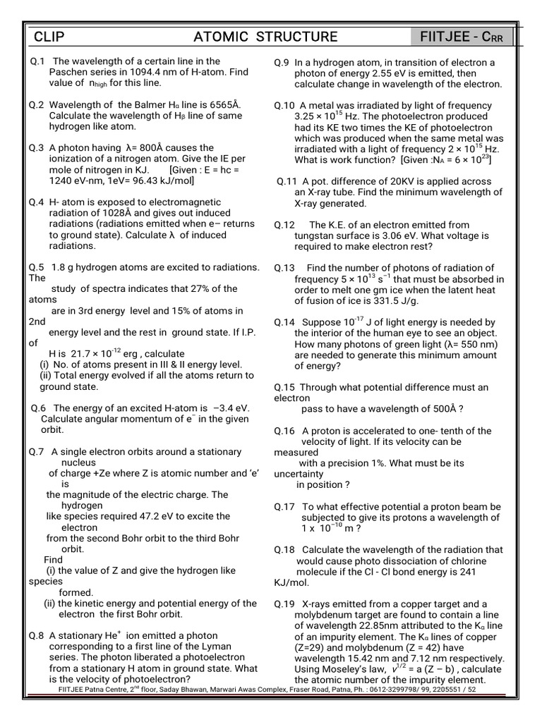 Atomic Structure CPP-Subjective | PDF | Chemistry | Physical Sciences
