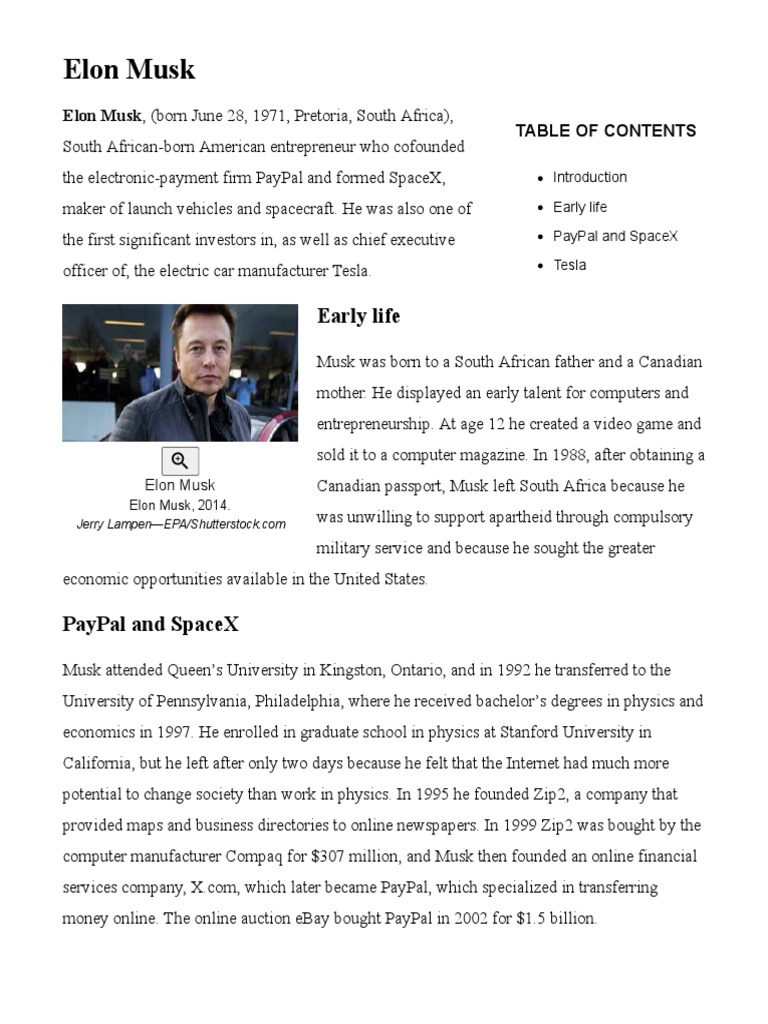 Elon Musk: Biography and Achievements | PDF | Space X | Space X Dragon
