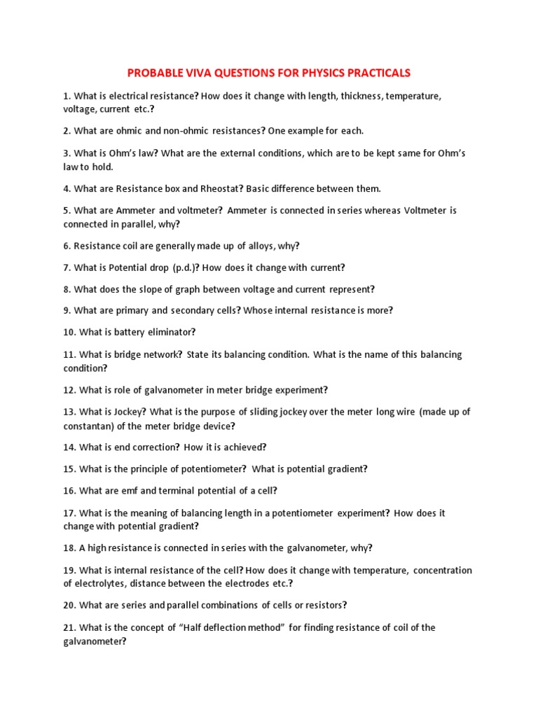 Viva Questions For Xii Physics Practicals | PDF | Electrical Resistance And Conductance | Equipment