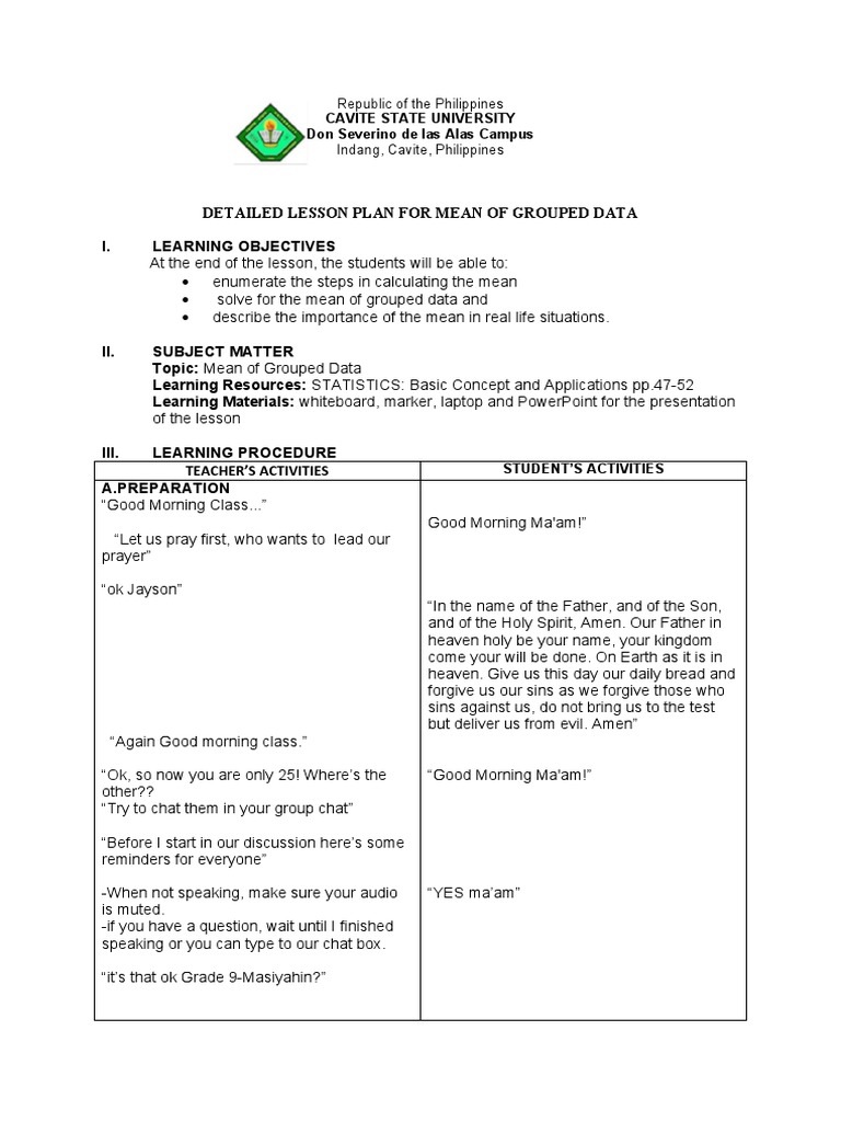 Detailed Lesson Plan of Mean For Grouped Data | PDF | Mean | Lesson Plan