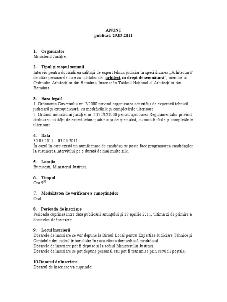Anun - Organizare Interviu Pentru Dob - Ndirea Calitä - II de Expert Tehnic Judiciar - N ...