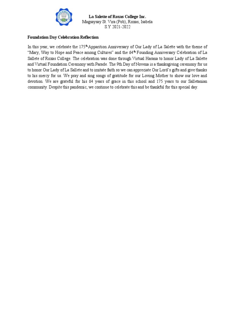 Foundation Day Celebration Reflection | PDF