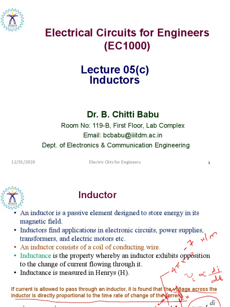 Electrical Circuits For Engineers (EC1000) : Lecture 05 (C) Inductors | PDF | Inductor | Inductance