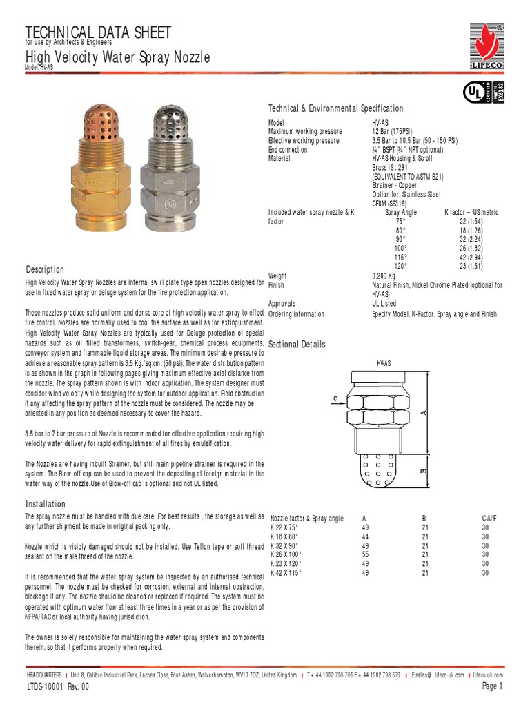 Technical Data Sheet: High Velocity Water Spray Nozzle | PDF | Nozzle ...